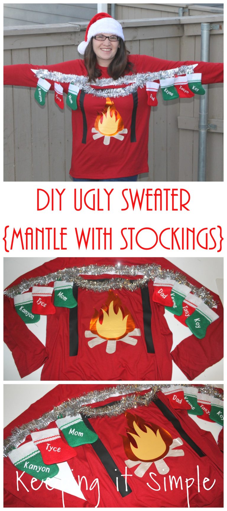 DIY Christmas Ugly Sweater- Mantle with Stockings - Keeping it Simple